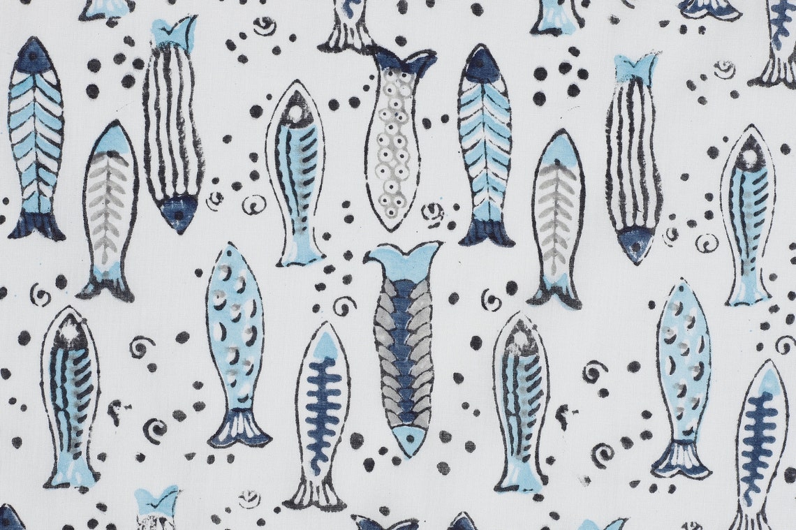 By Yard Fabrichandmade Block Fish Print Fabricpure Cotton - Etsy