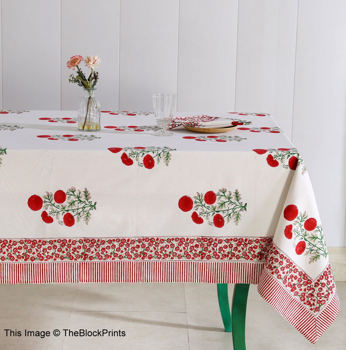 Indian Red Poppy Flower Block Print Tablecloth Cotton Table | Etsy