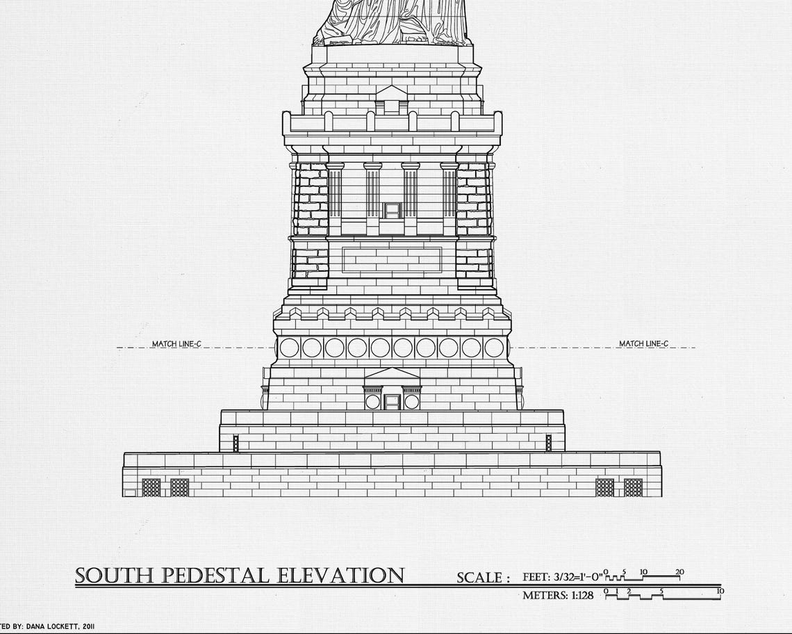 Statue of Liberty Blueprint | Vintage Architectural Elevation Drawing ...