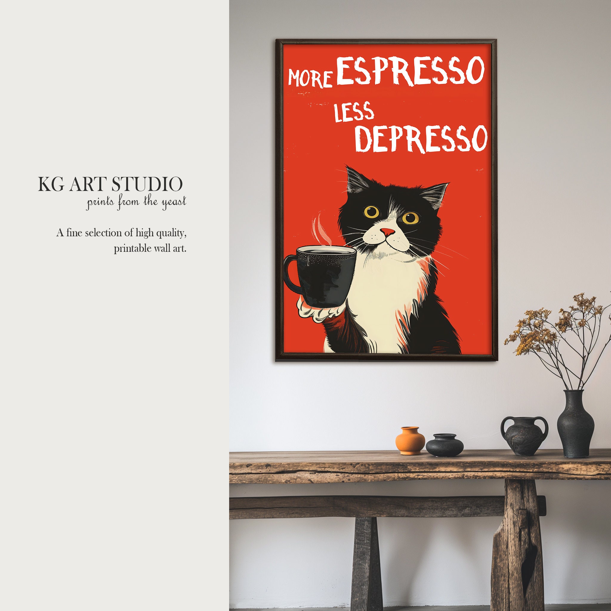 More Espresso Less Depresso - Cat and Coffee Fun Illustration Poster ...