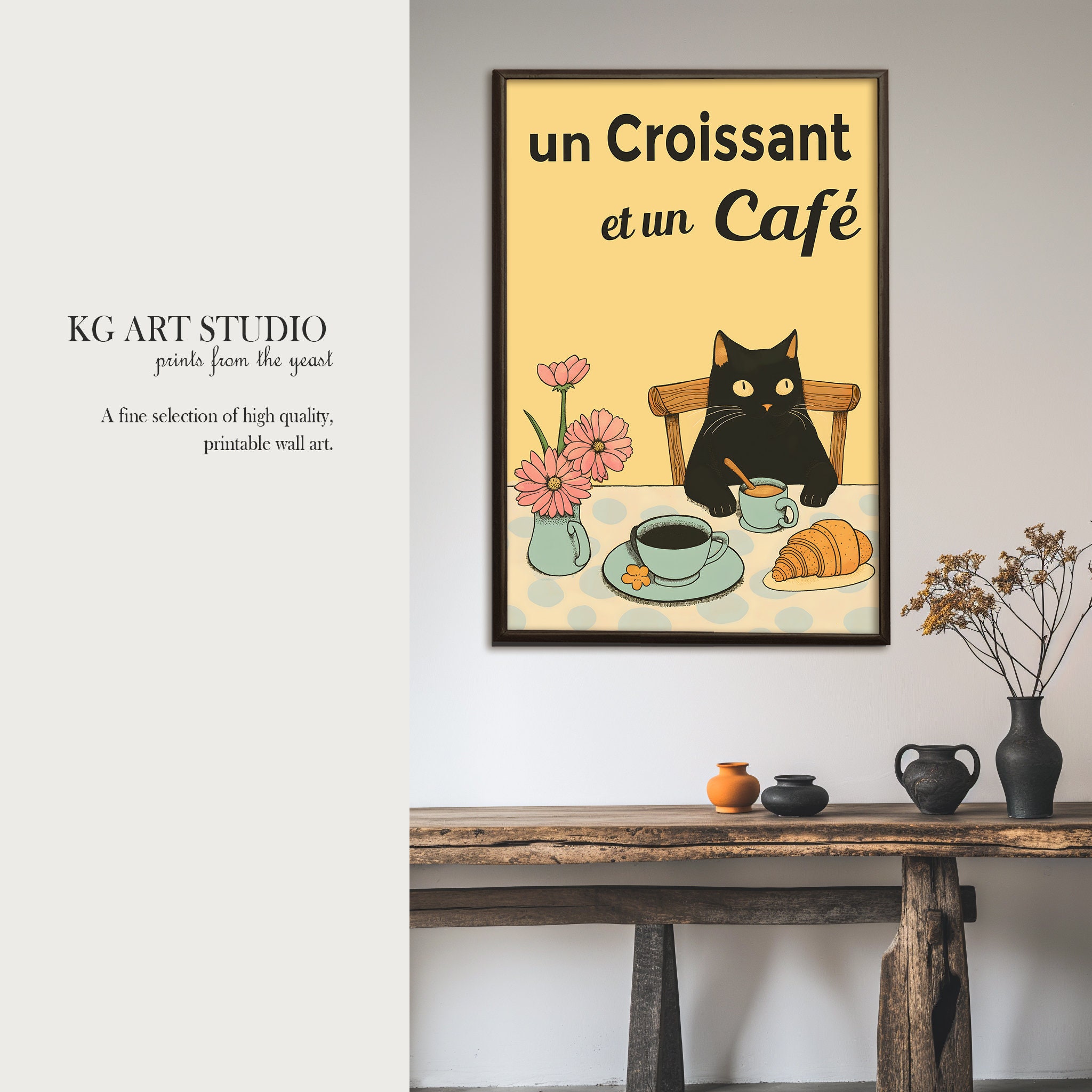 Un Croissant Et Un Café - Coffe and Cat Illustration Poster - Original ...