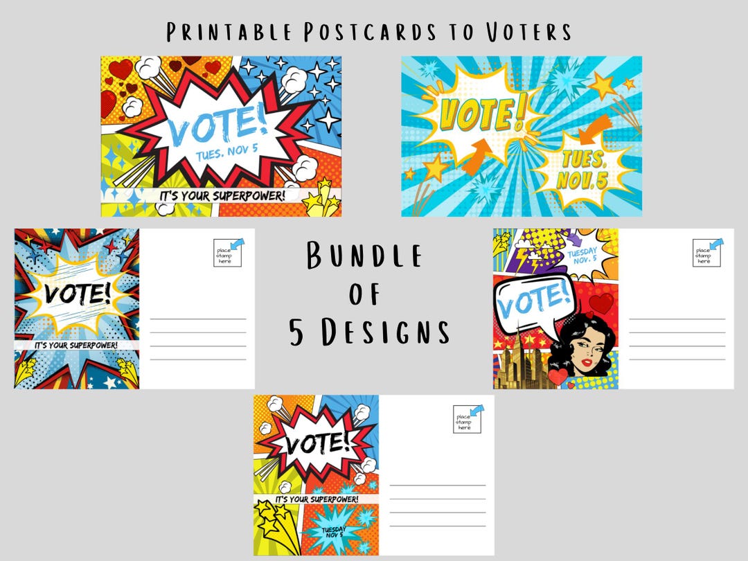 Printable Postcards Bundle of 5 Comic Book Vote Designs instant ...