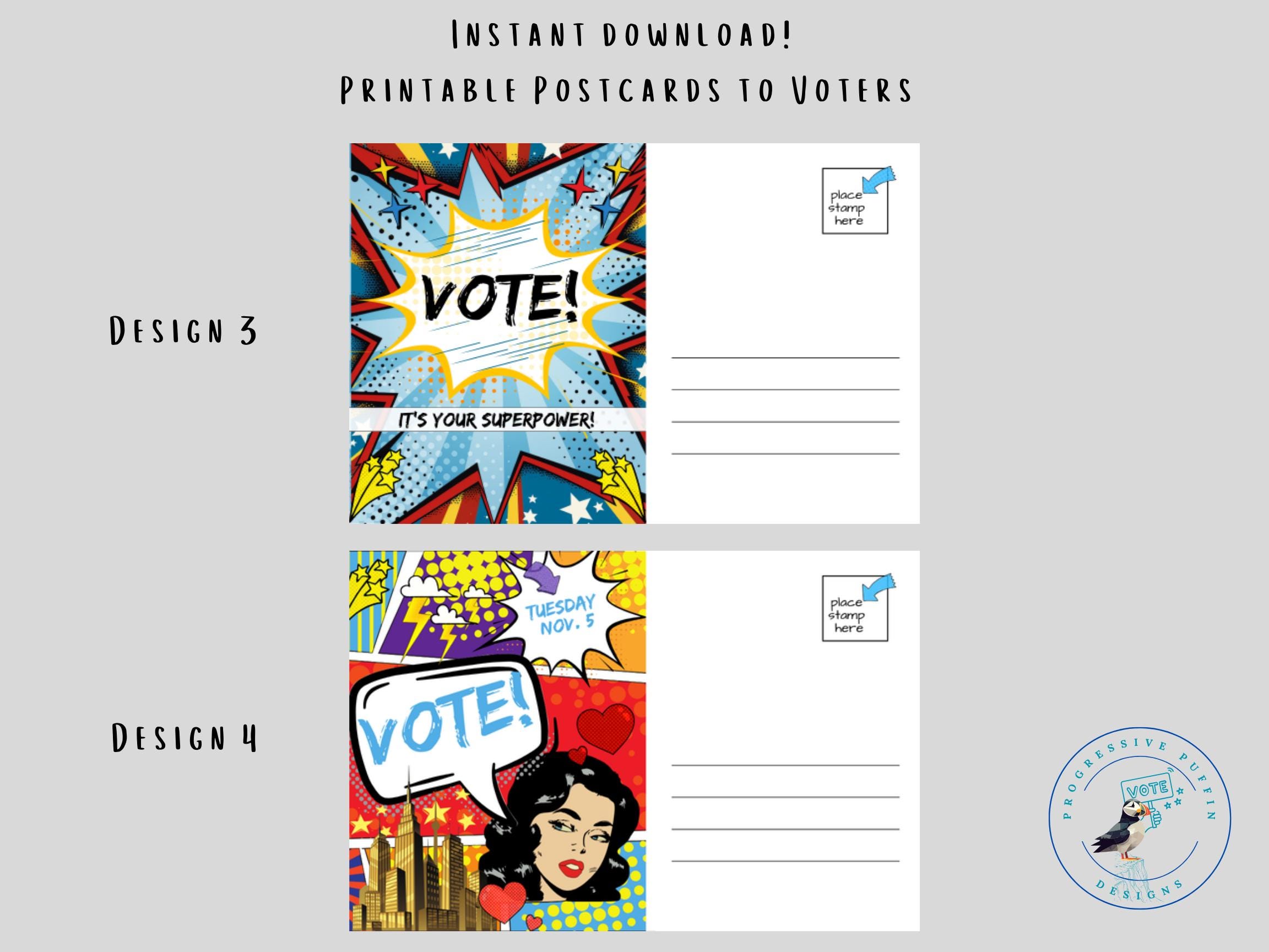 Printable Postcards Bundle of 5 Comic Book Vote Designs instant ...