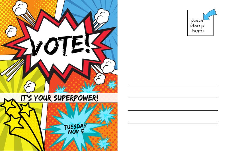 Printable Postcards Bundle of 5 Comic Book Vote Designs instant ...