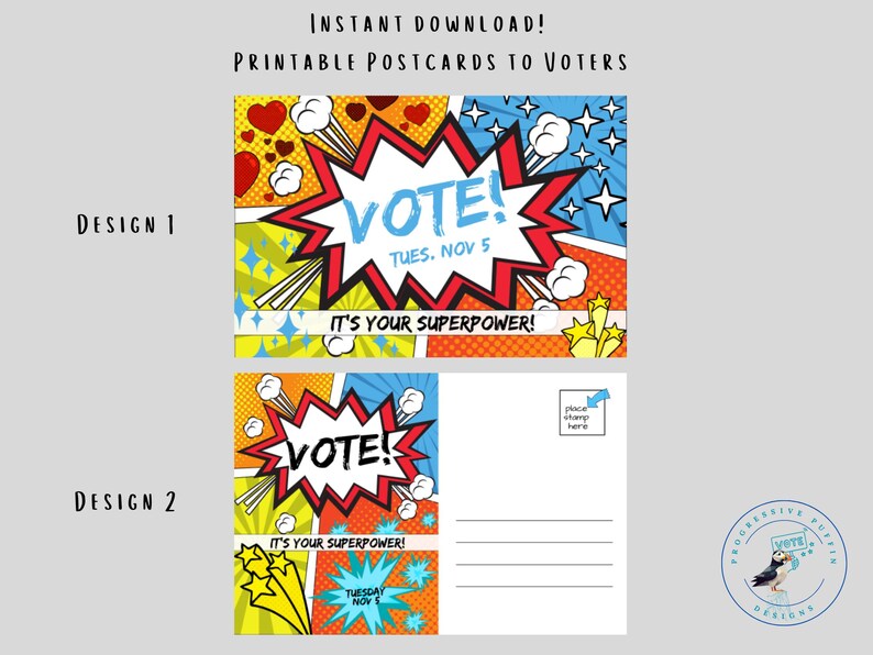 Printable Postcards Bundle of 5 Comic Book Vote Designs instant ...