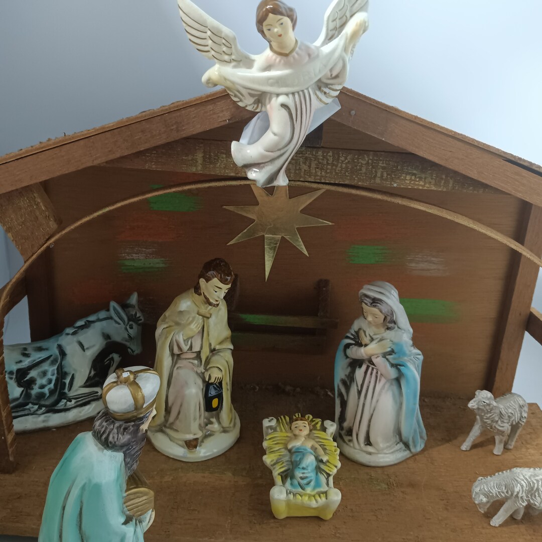 Mid Century Paper Mache Nativity Set Original Manager 14 Pieces Made in ...