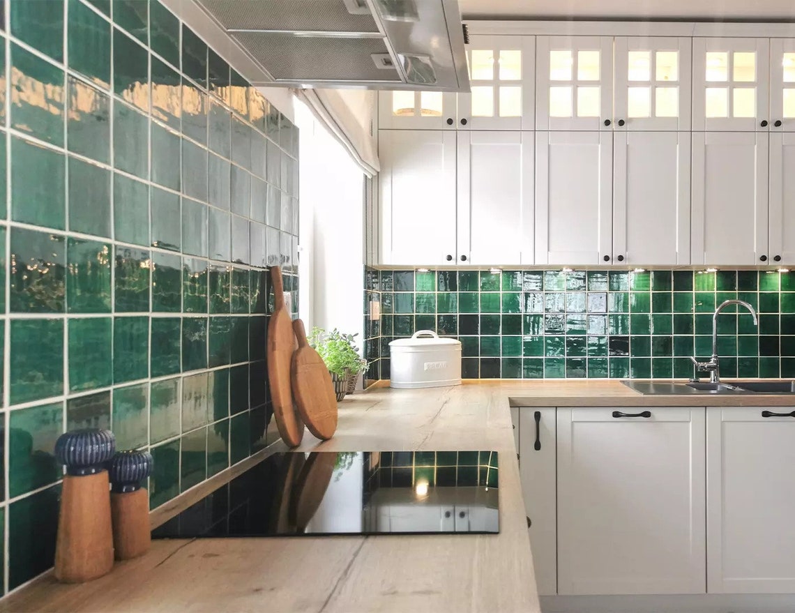 Ceramic Square Tiles Handmade Ceramics of Square Shape in Emerald Color ...