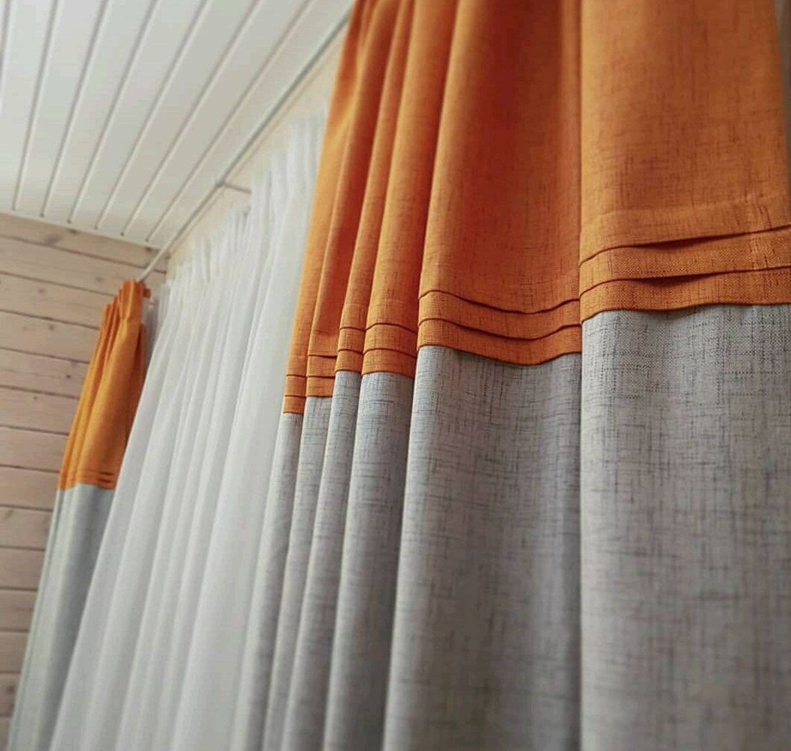 Orange and Natural Color Block 100% Linen Custom Curtain Panel - Etsy
