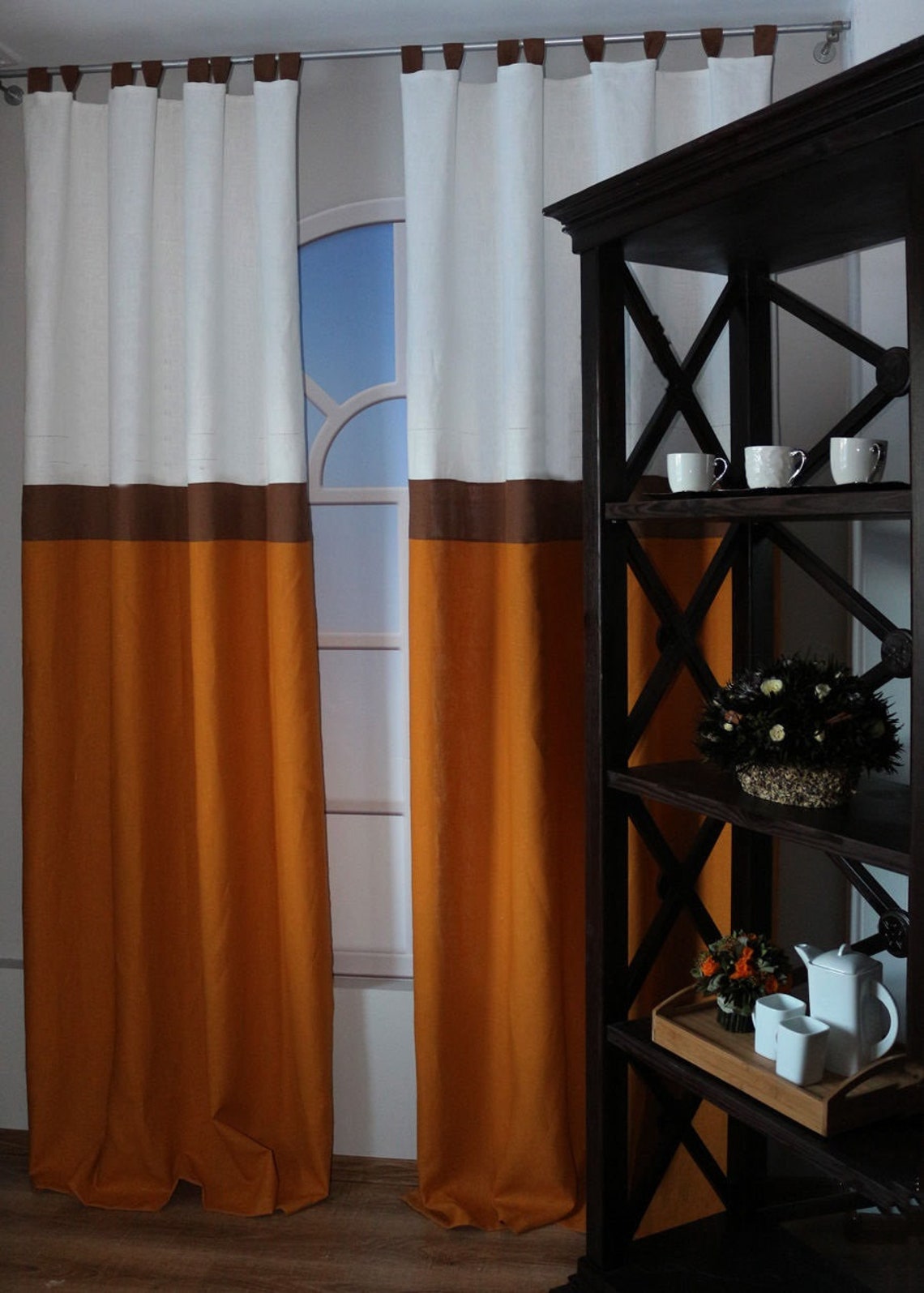 Designer Color Block Linen Curtain Panel ,flax White ,brown and Orange ...