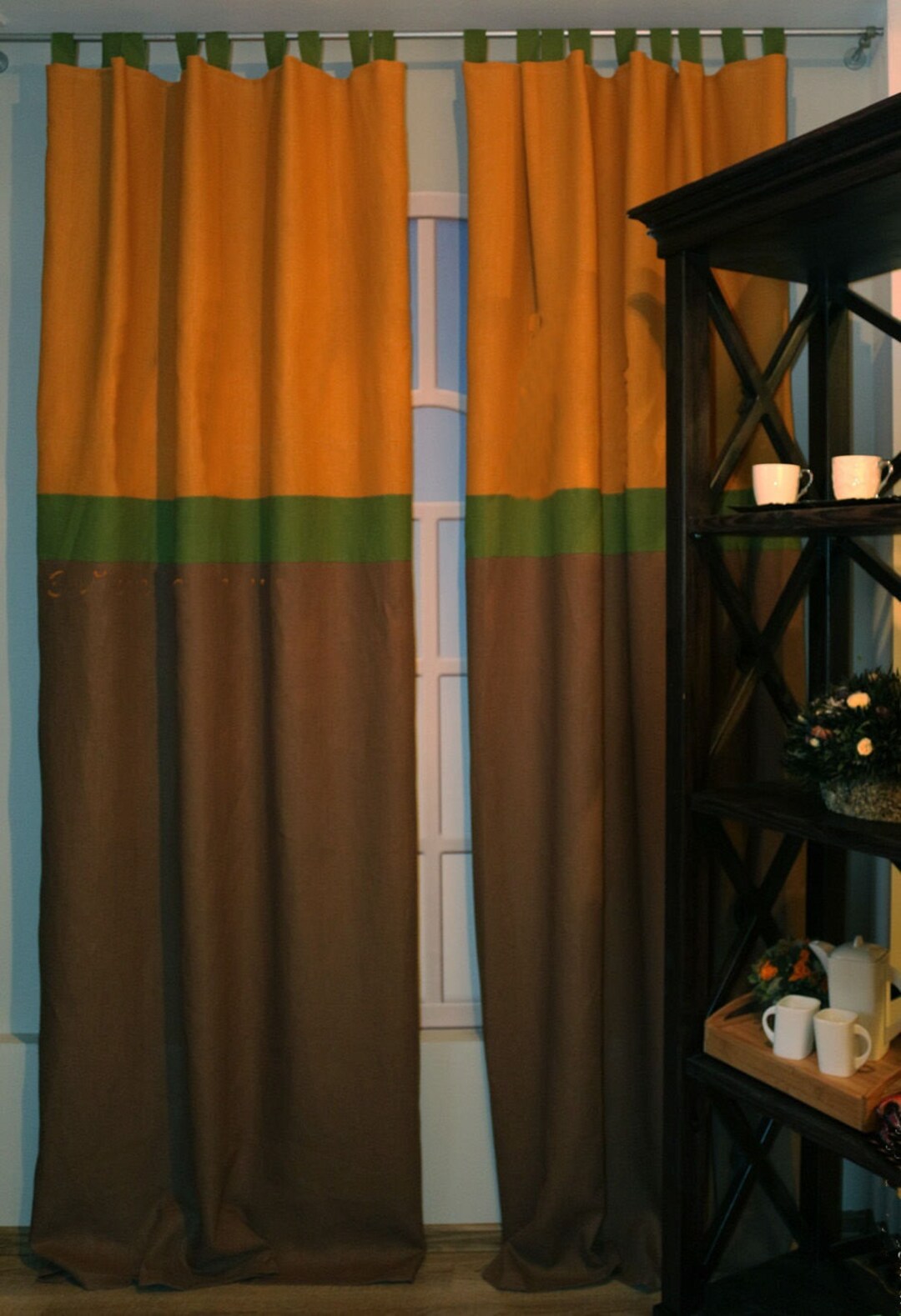 Designer Color Block Linen Curtains Panel ,flax Orange ,olives and ...