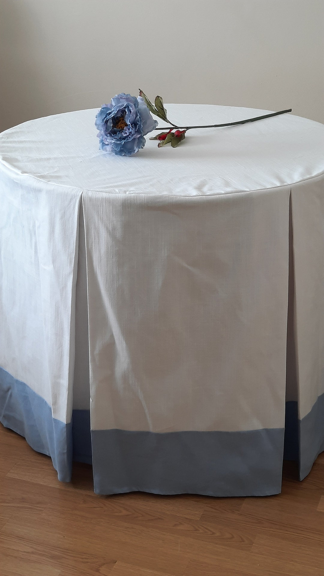Designer Box Pleats Fabric LINEN Table Skirt Color off White With Blue Border ,round, Console ...