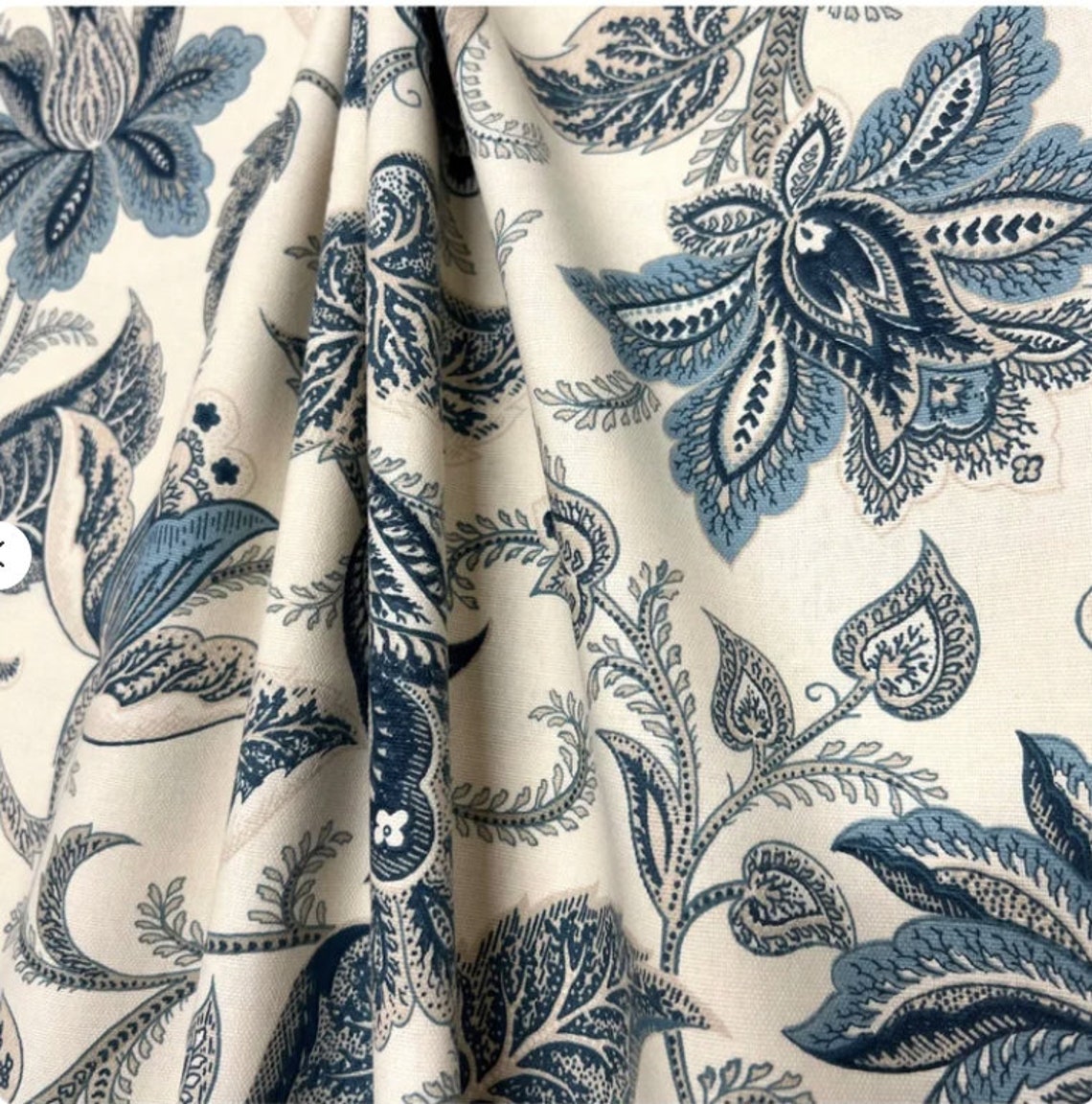 Blue Floral Jacobean Curtain Panel in Kaufmann Designer Fabric Briswell ...