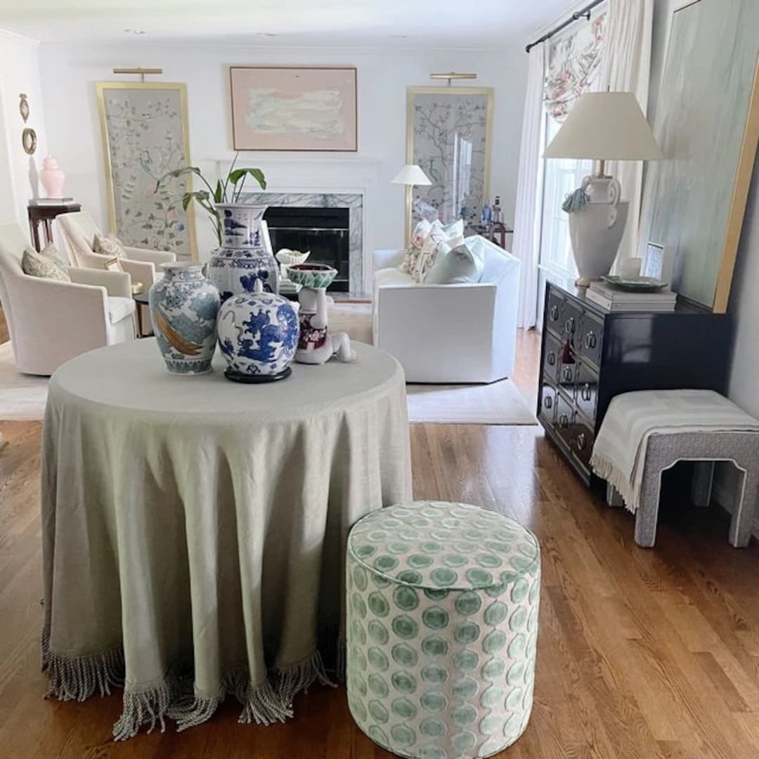 Custom LINEN Round Table Skirt With Fringe , Table Cover Color Green ...