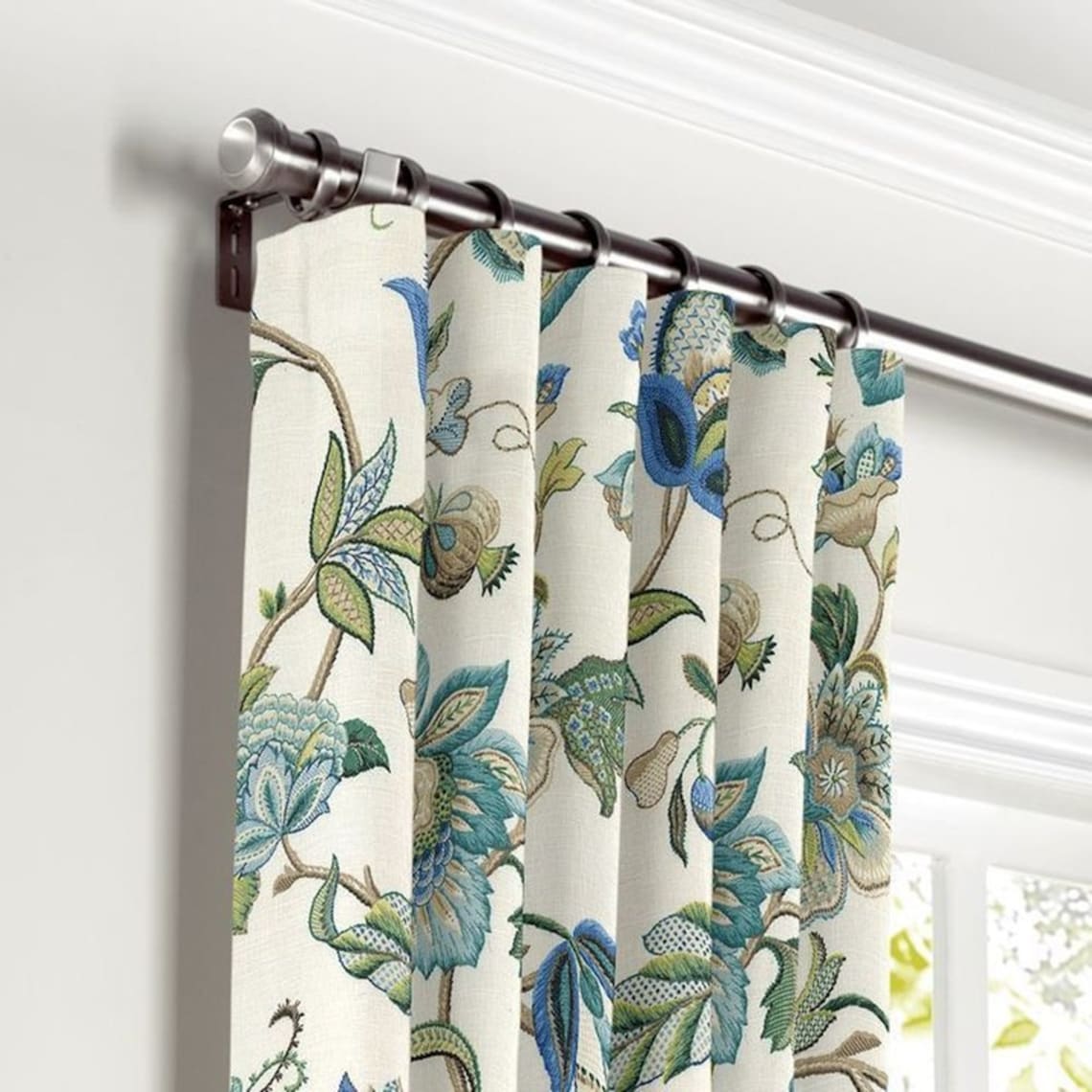 Jacobean Linen Curtain Panel,blue Floral Window Panel in Kaufmann ...