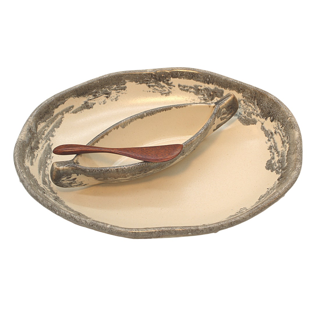 CHIP & DIP SET Medium canoe on the Lake birch Bark Pattern Pottery ...