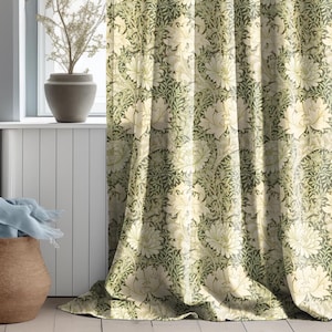 William Morris Curtain Panel Chrysanthemum, Floral Botanical Green ...