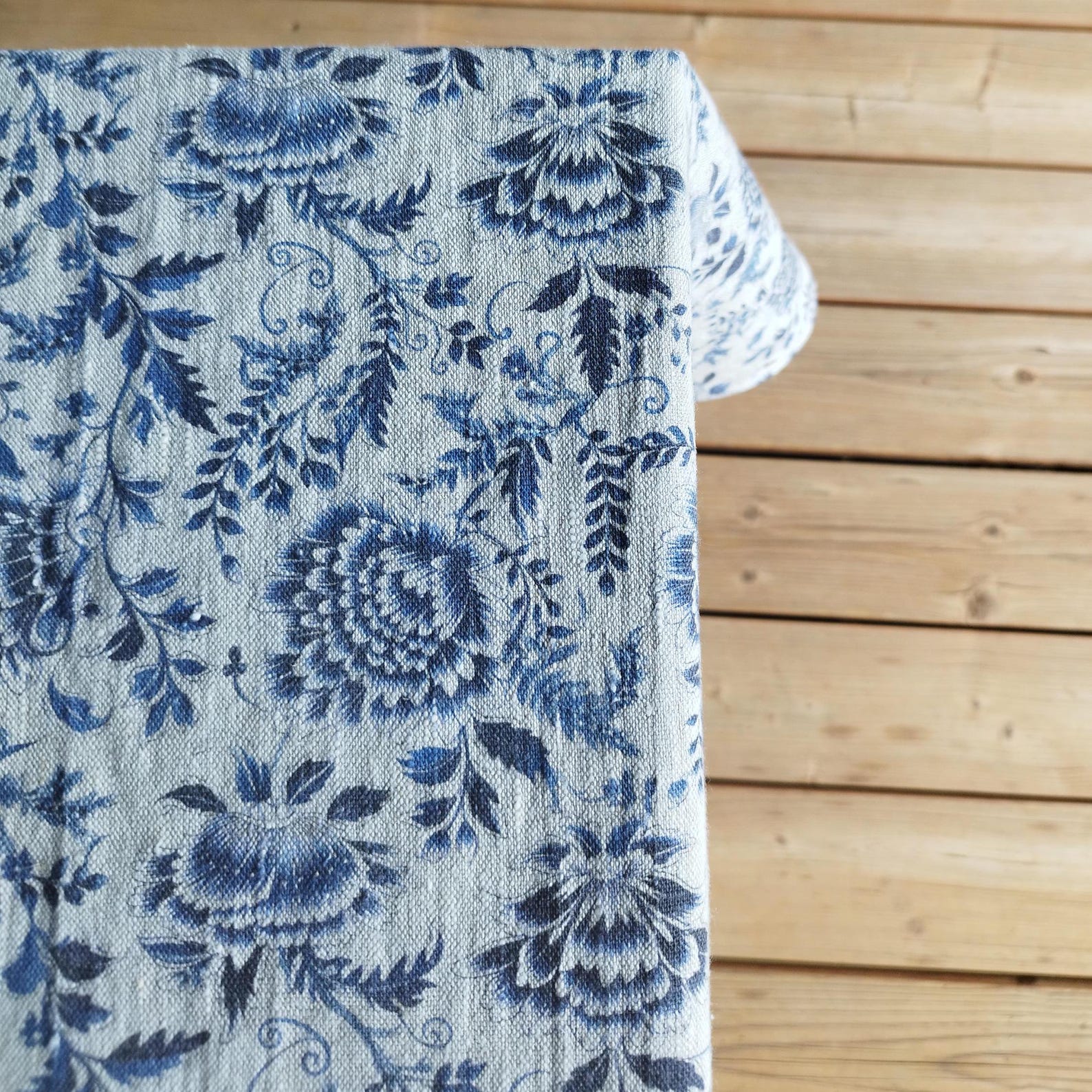Linen Foral Tablecloth With Blue Flowers, French Retro Vintage Vibe ...