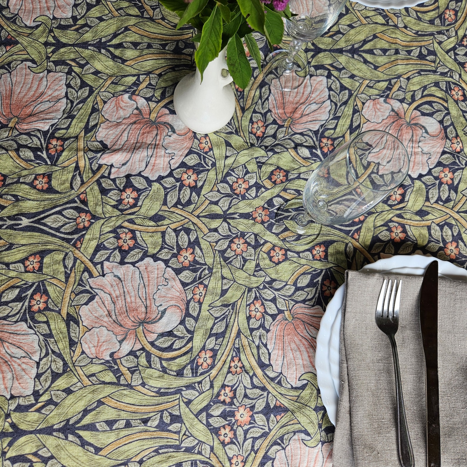 Linen Foral Tablecloth With Birds, William Morris Pimpernel Tablecloth ...