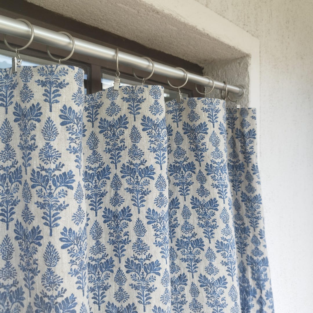 Curtains 100% Linen Blue French Block Print Floral PREWASHED. Kitchen ...