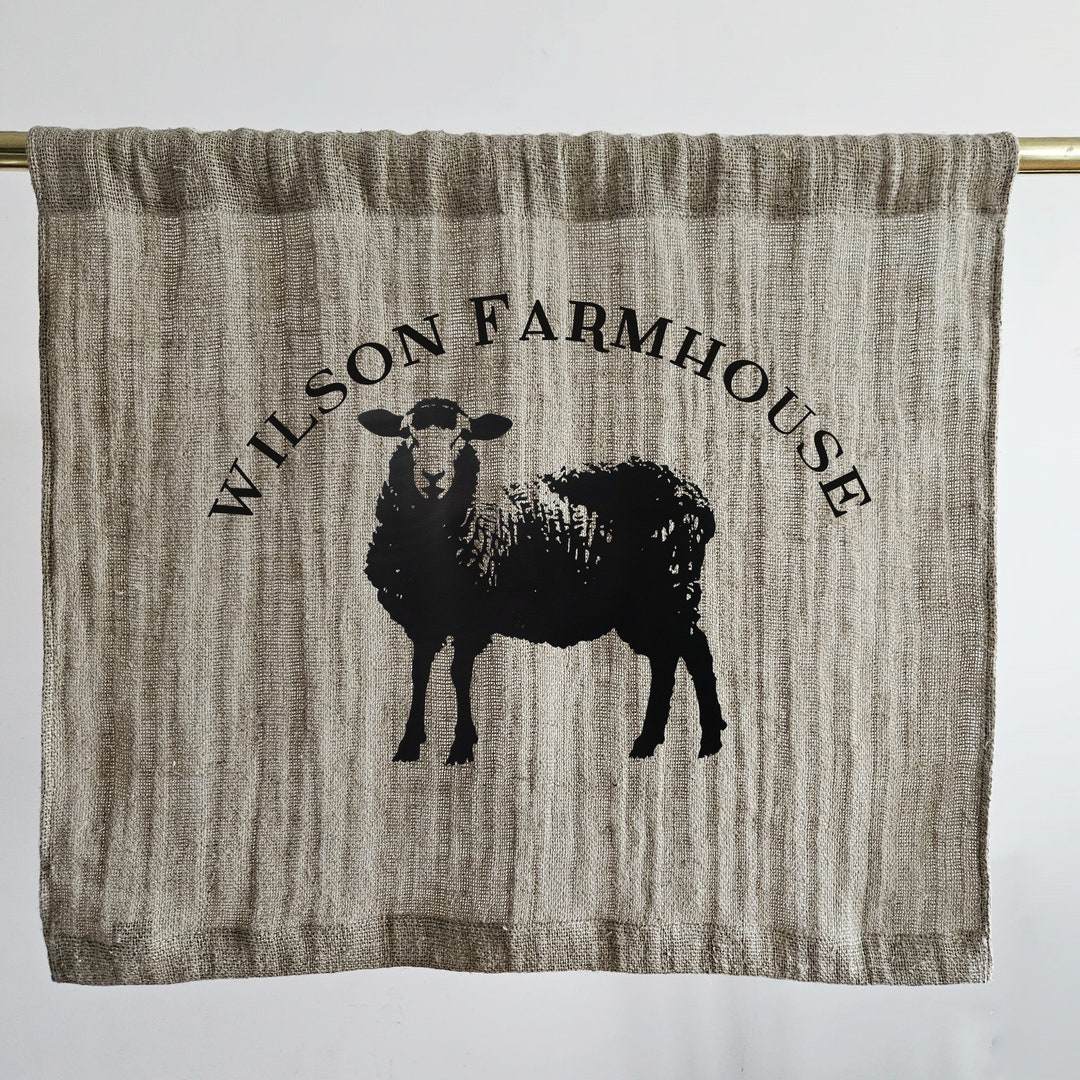Natural Grain Sack Cafe Curtains Farmhouse Sheep, French Stamp Burlap ...