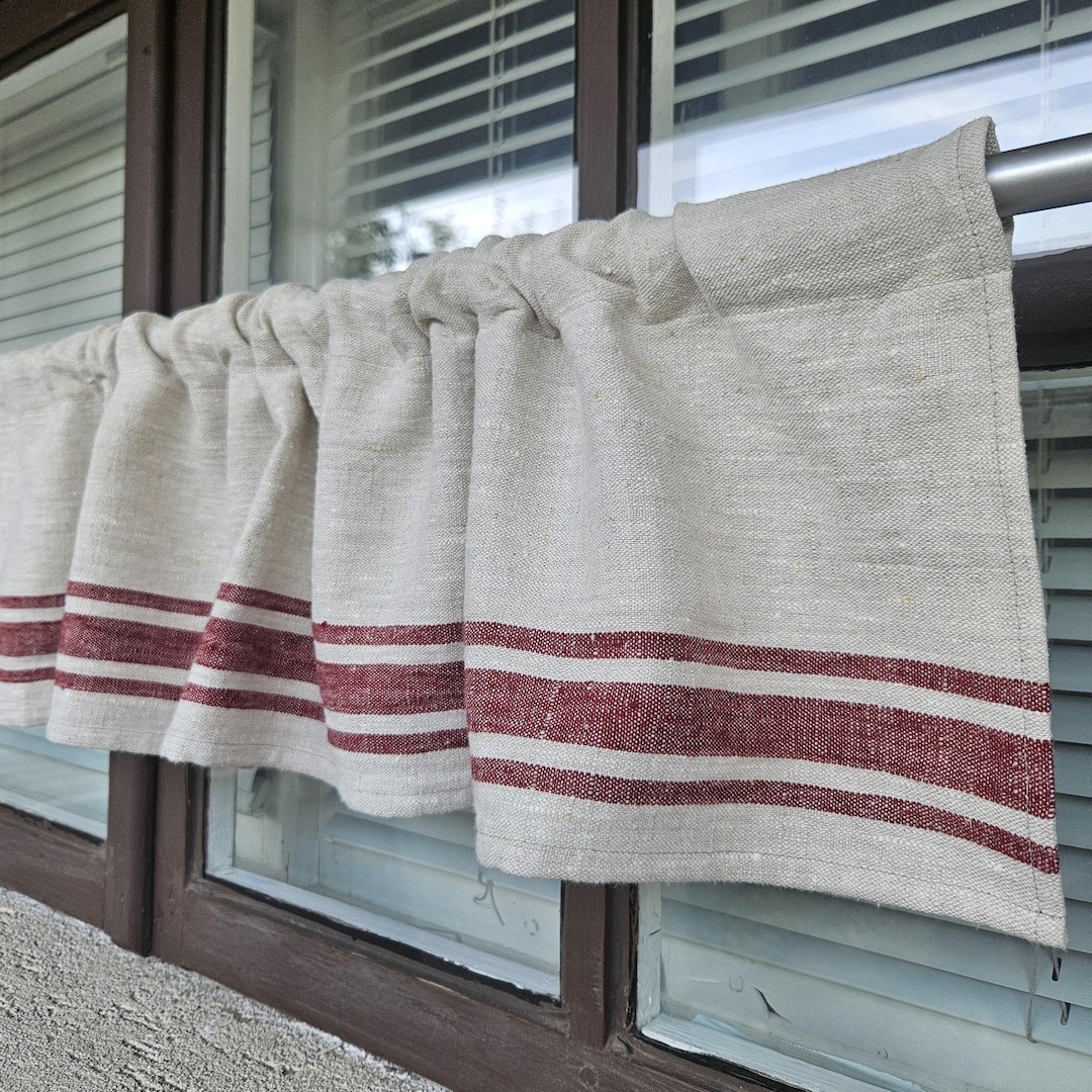 Ticking Valance Farmhouse Curtain in Linen, Pure Linen Window Treatment ...