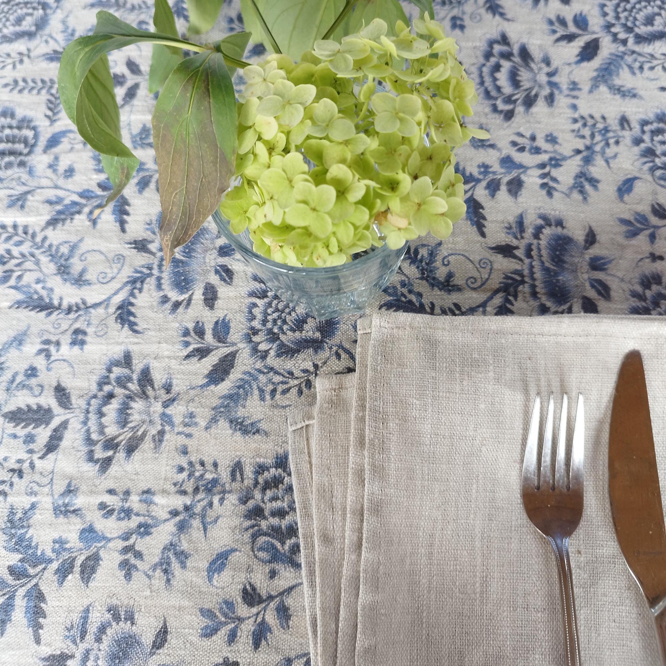 Linen Foral Tablecloth With Blue Flowers, French Retro Vintage Vibe ...
