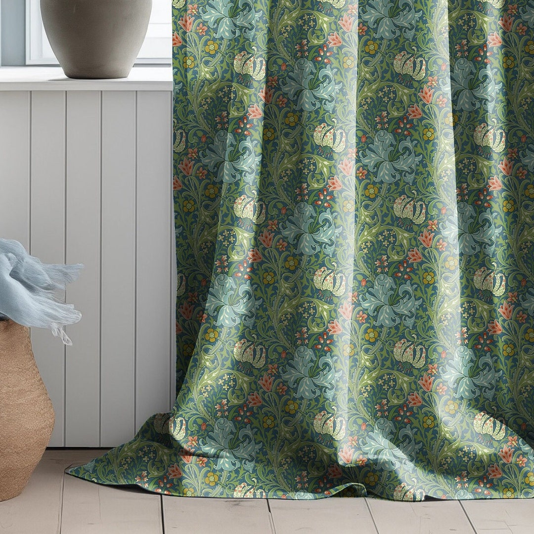 William Morris Curtain Panel Golden Lilly, Floral Botanical Green Print ...