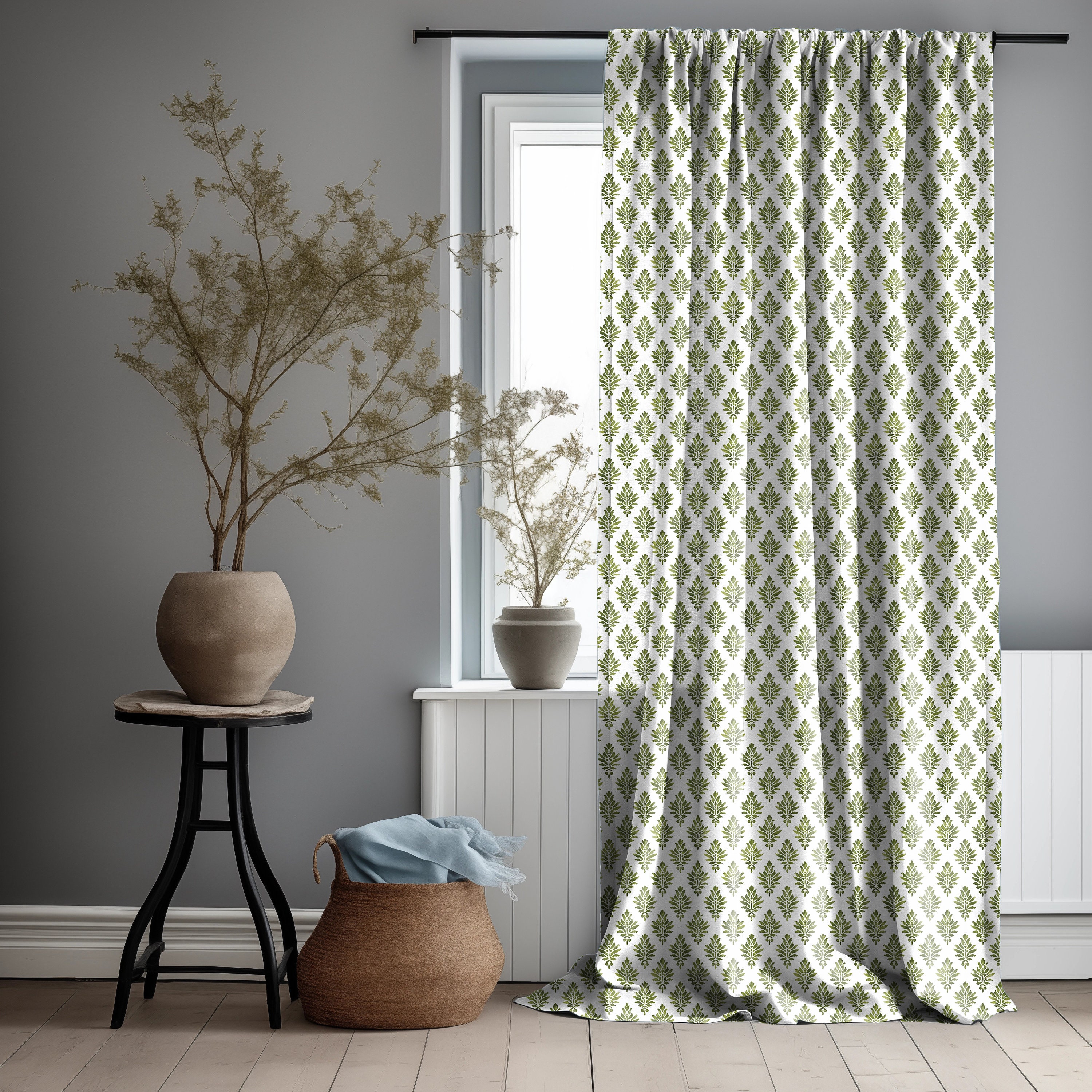 Linen Block Print Curtain Panels With Green Print, Curtains for Living ...