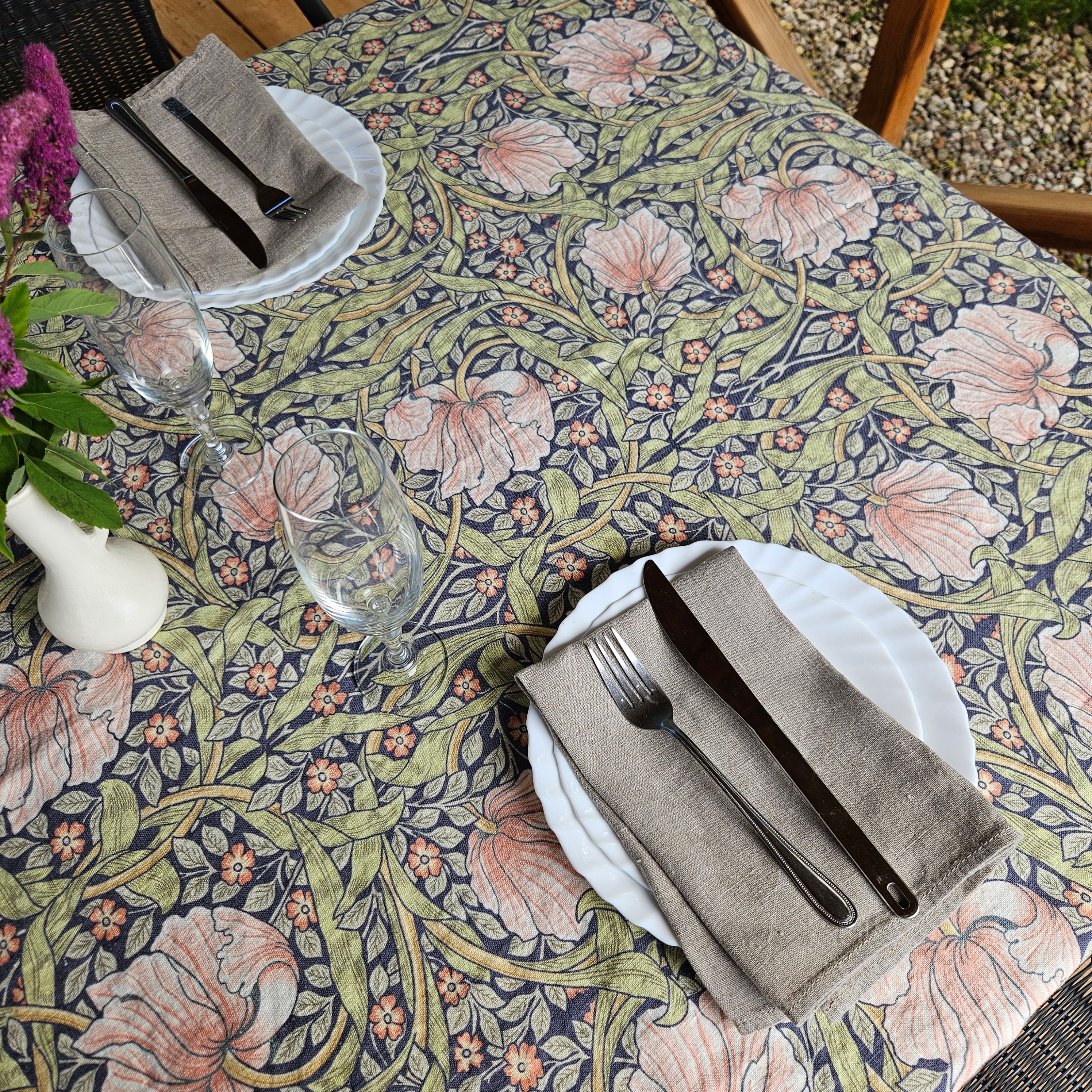 Linen Foral Tablecloth With Birds, William Morris Pimpernel Tablecloth ...