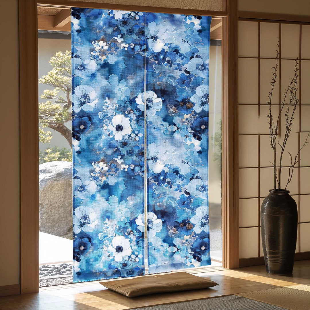 Linen Noren Curtain Wabi Sabi Floral Blue , Japanese Linen Noren Panel ...