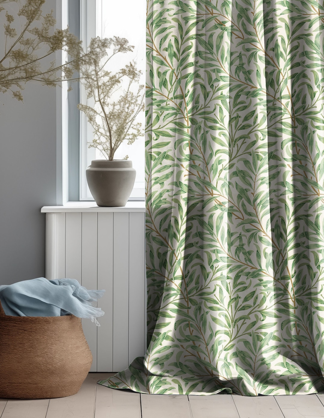 William Morris Curtain Panel CUSTOM, Floral Green Leaves Print Pattern ...