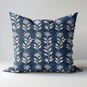 Modern Indigo Linen Floral Pillow Cover, White Blue Boho Pillow Block ...