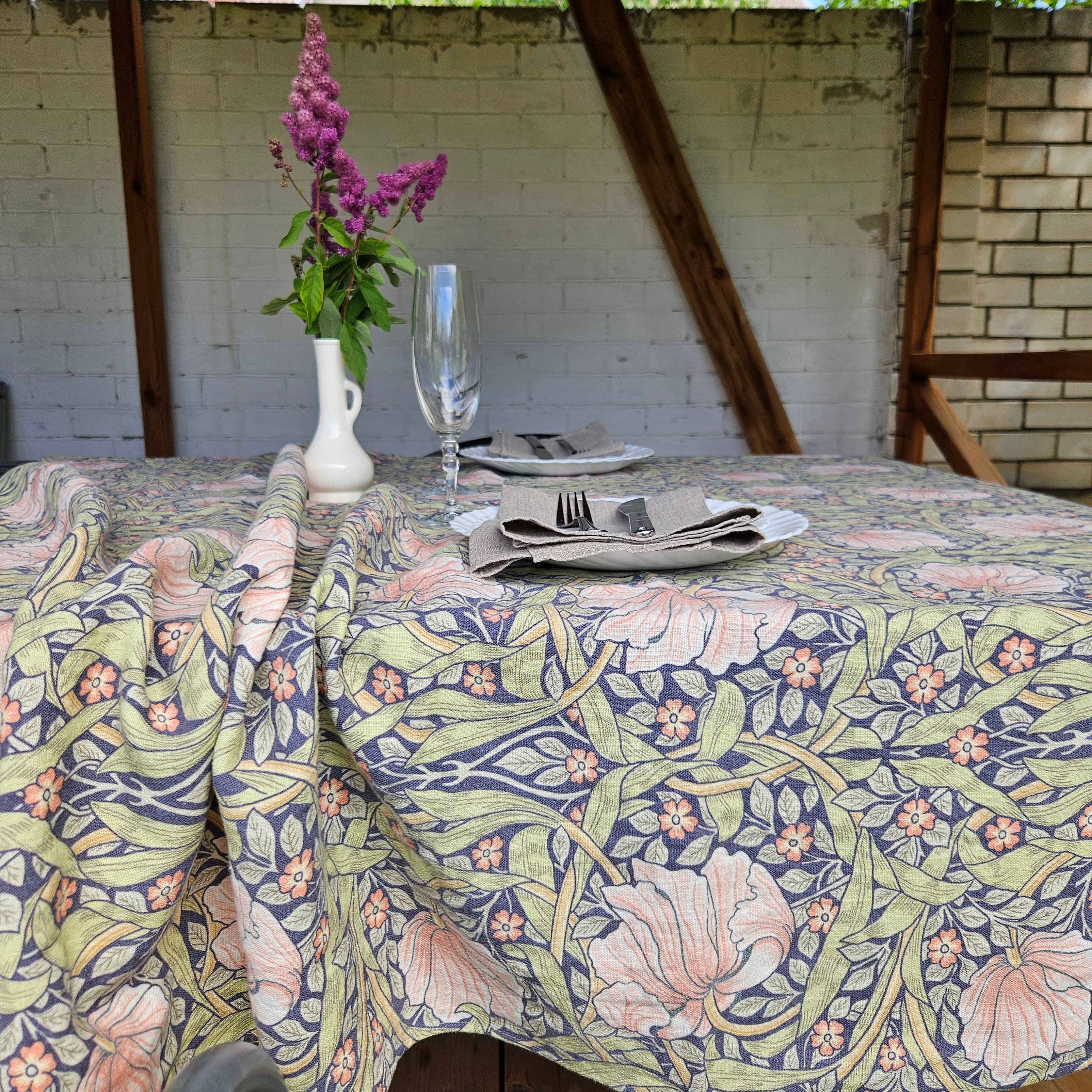 Linen Foral Tablecloth With Birds, William Morris Pimpernel Tablecloth ...