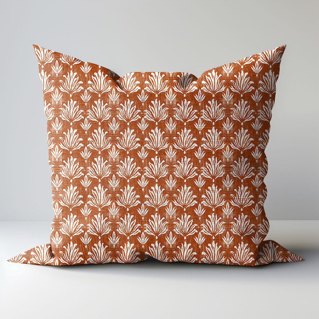Modern Rust Linen Floral Pillow Cover, White Rust Boho Pillow Block ...