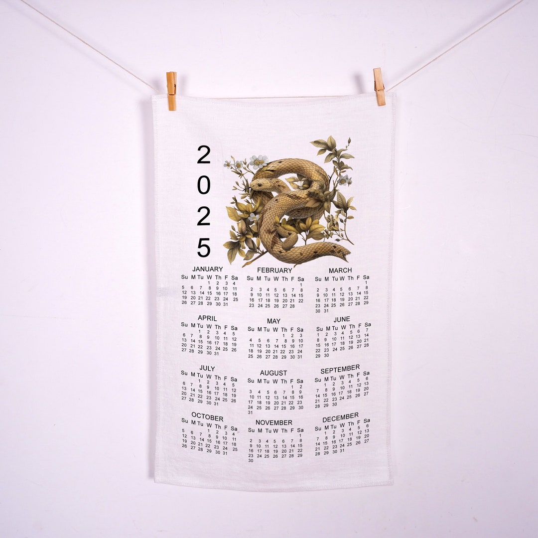 2025 Calendar Towel With Year Zodiac Snake in Linen , Linen Tea Towel ...
