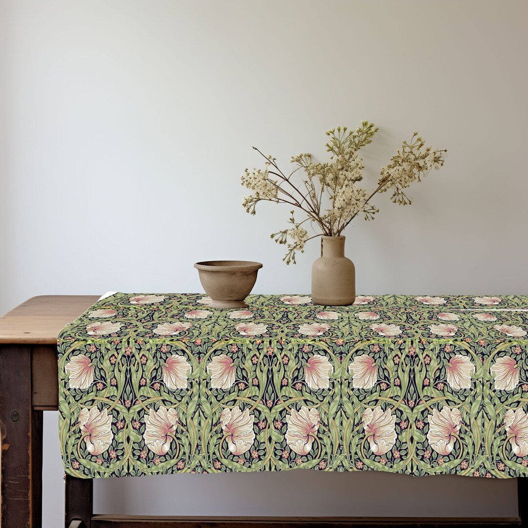 Linen Foral Tablecloth With Birds, William Morris Pimpernel Tablecloth ...