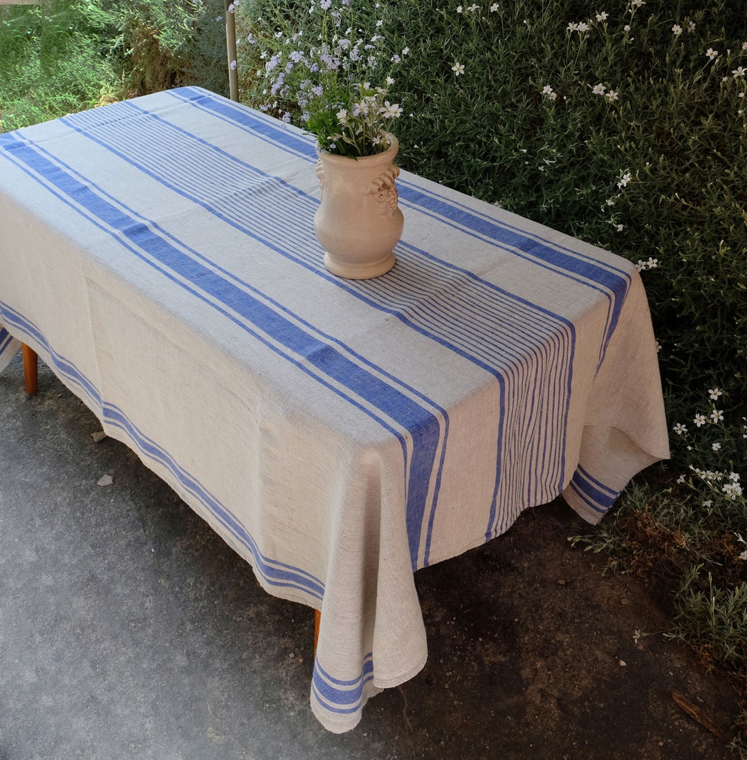 100% Linen Tablecloth Striped PREWASHED French Table Cloth Rustic ...