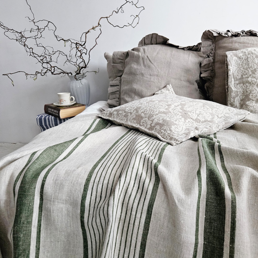 French Linen Blanket, Flax Bedspread - Heavy Weight Huckaback Linen Bed ...