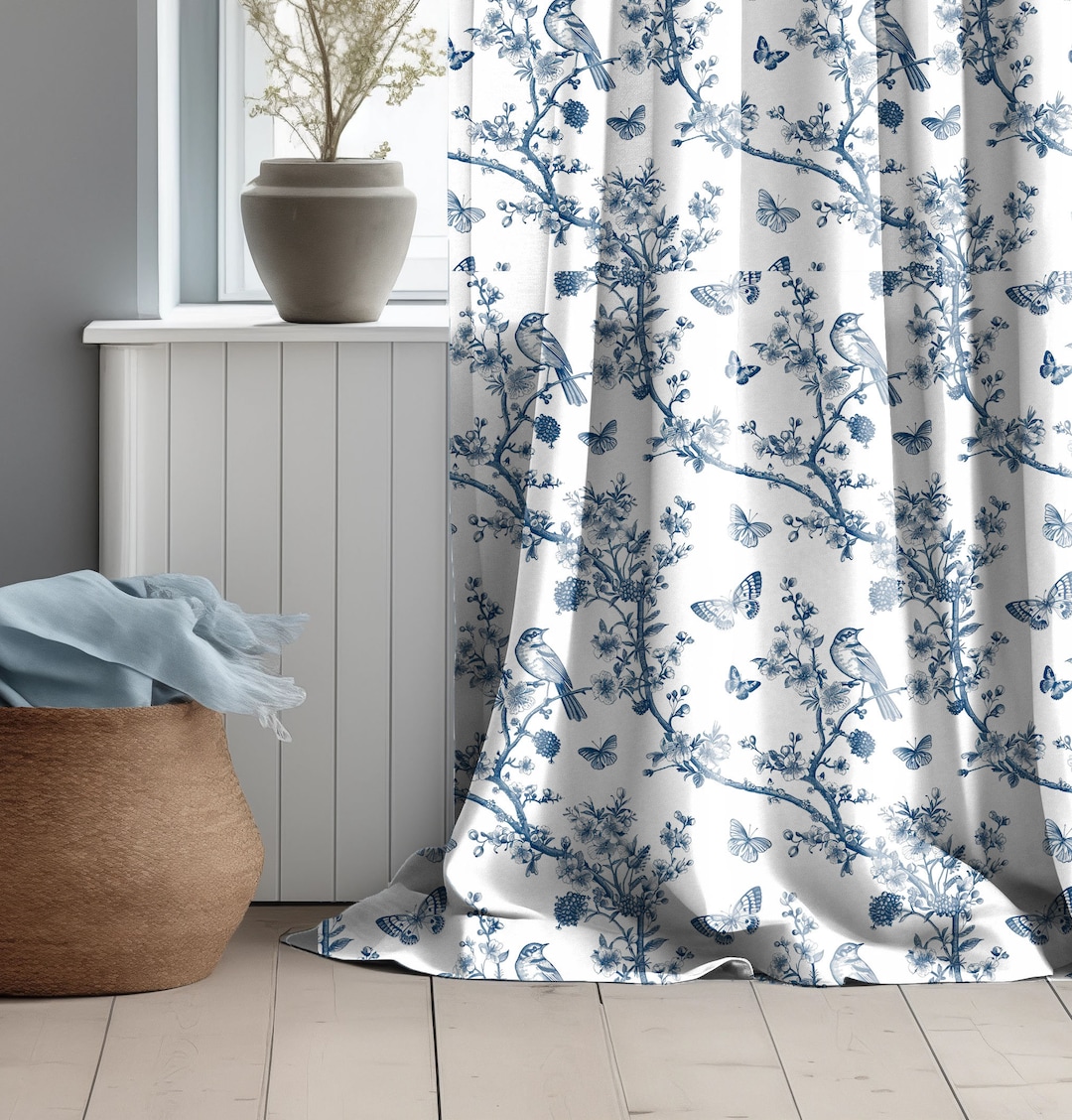 Designer Blue Floral Linen Curtains, Indigo Blue French Toile De Joy ...