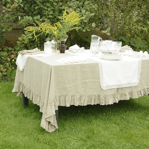 100% Linen Tablecloth With RUFFLES PREWASHED French Table Cloth Rustic ...