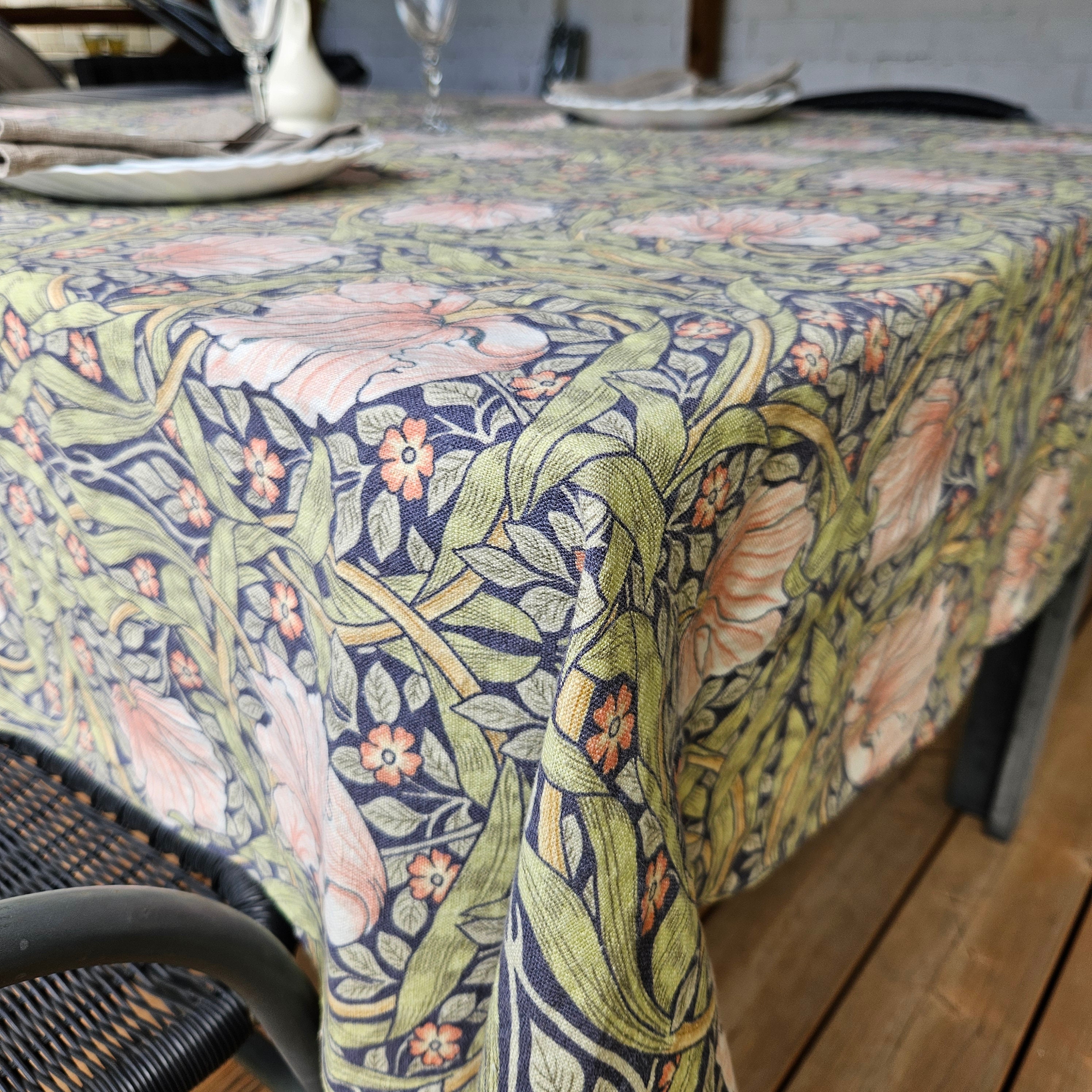 Linen Foral Tablecloth With Birds, William Morris Pimpernel Tablecloth ...
