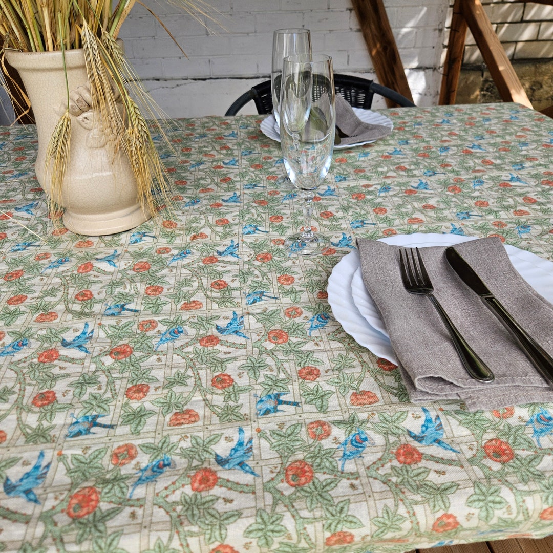 Linen Floral Tablecloth With Birds, William Morris Trellis Tablecloth ...