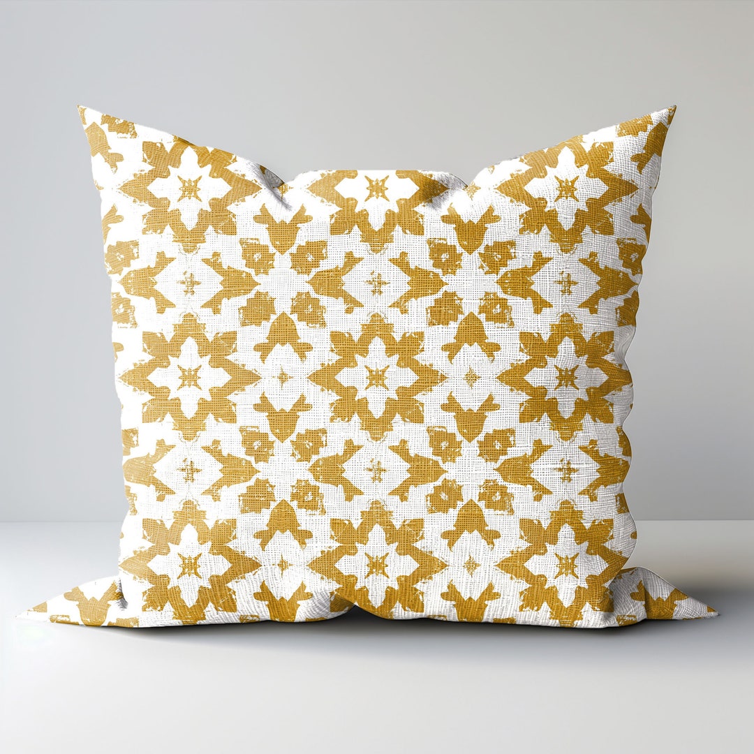 Designer Mustard Yellow Floral on Linen Pillow Cover, White Yellow ...