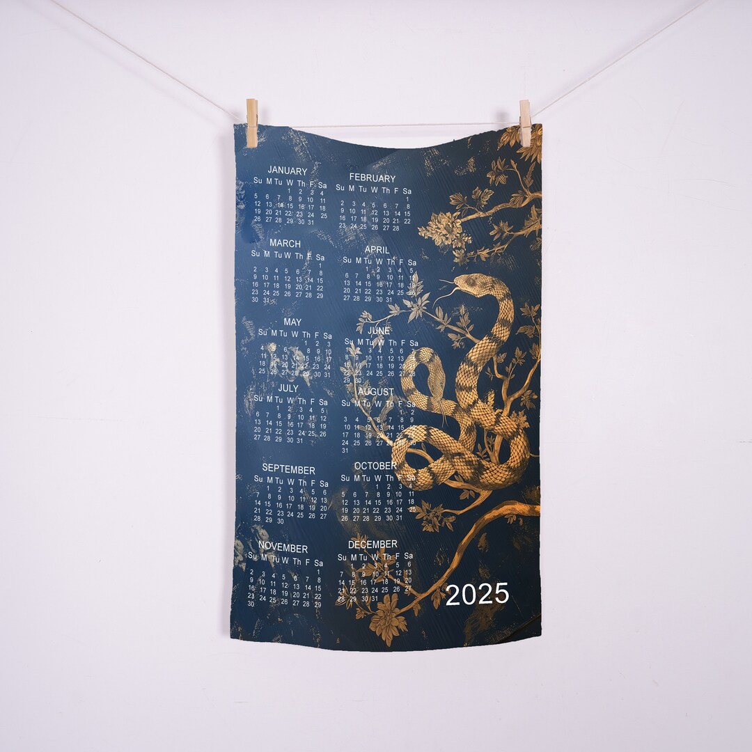 2025 Calendar Towel With Year Zodiac Snake in Linen Dark Blue, Linen ...