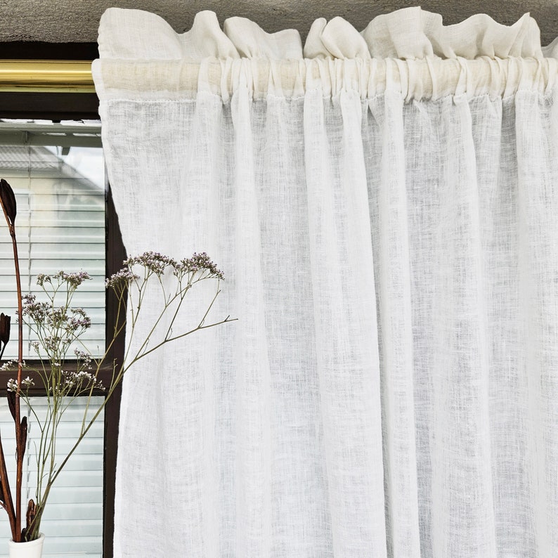 White Linen Cafe Curtains in Sheer Linen, Kitchen Curtains With Top and ...