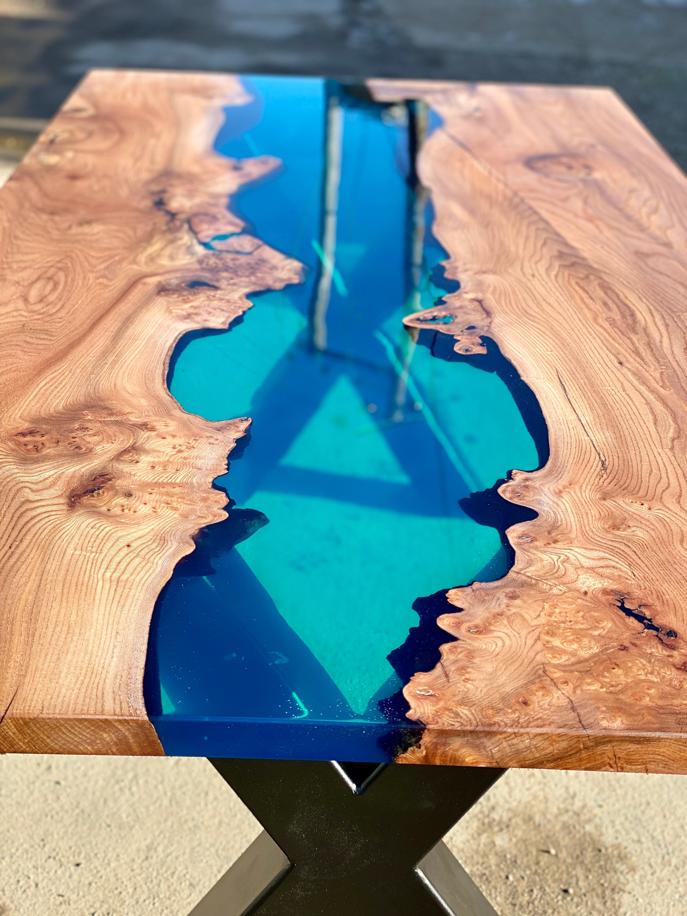 Beautiful River Dining Table in Burr Elm & Super Clear Blue | Etsy