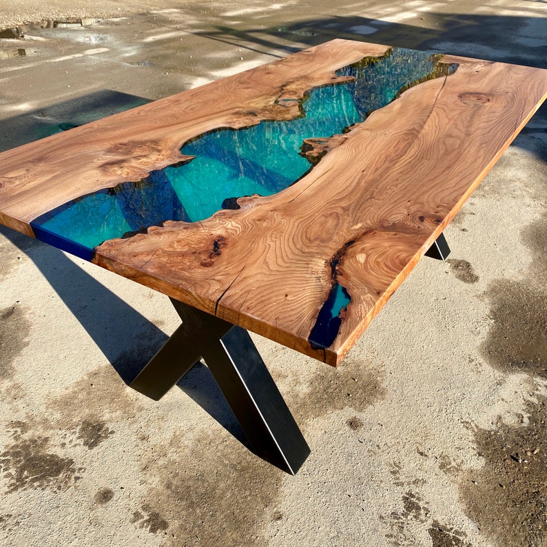 Beautiful River Dining Table in Burr Elm & Super Clear Blue - Etsy