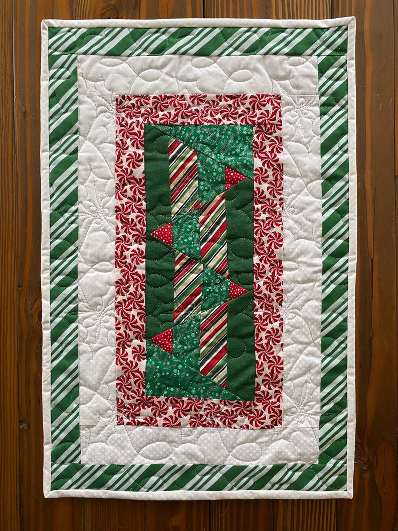 Candy and Stripes Quilted Table Runner, Green and White Striped Backing With Holly and Swirls ...