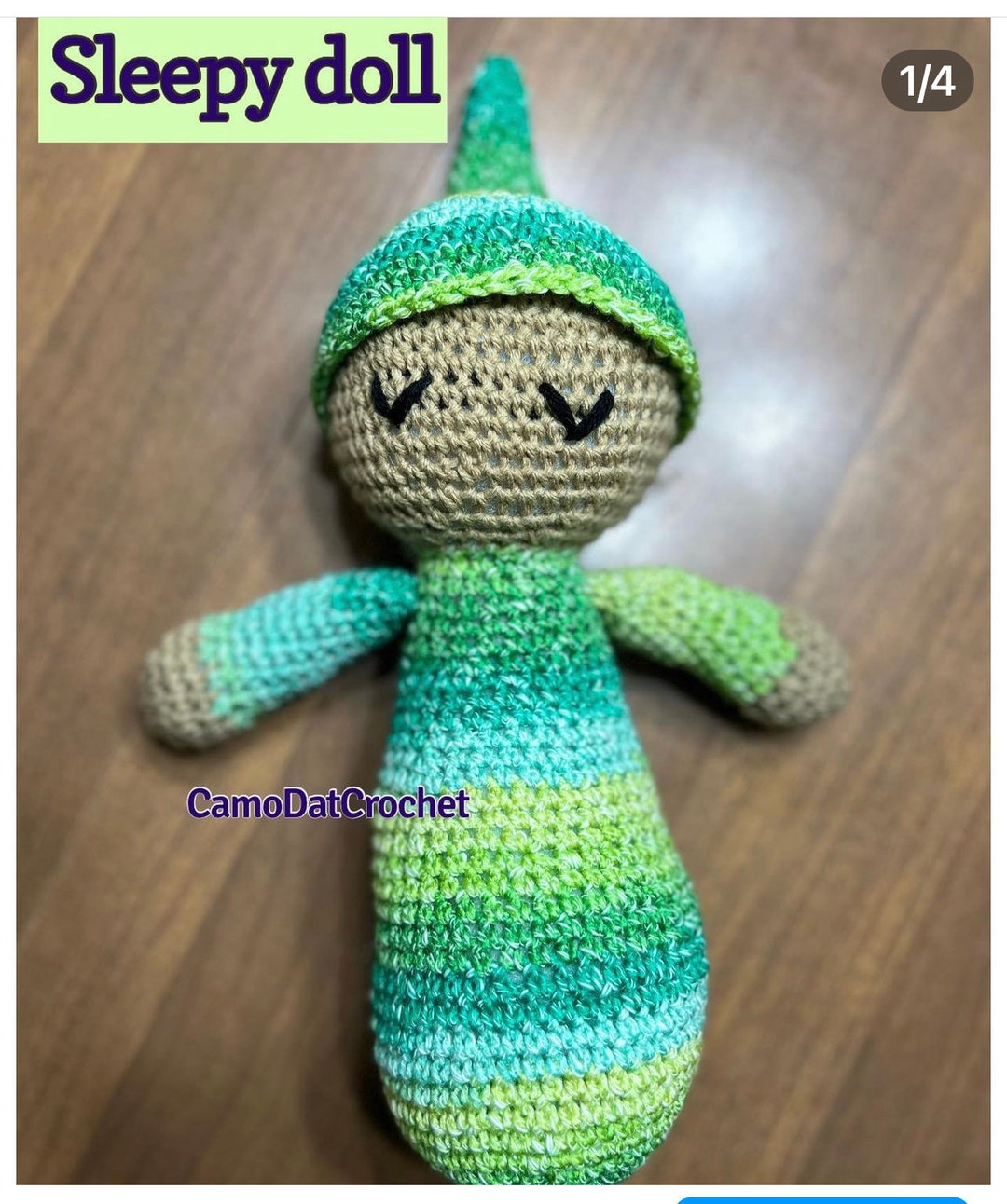 Night Night Doll *crochet *sleepy Head *baby *night Cap *green *beige ...