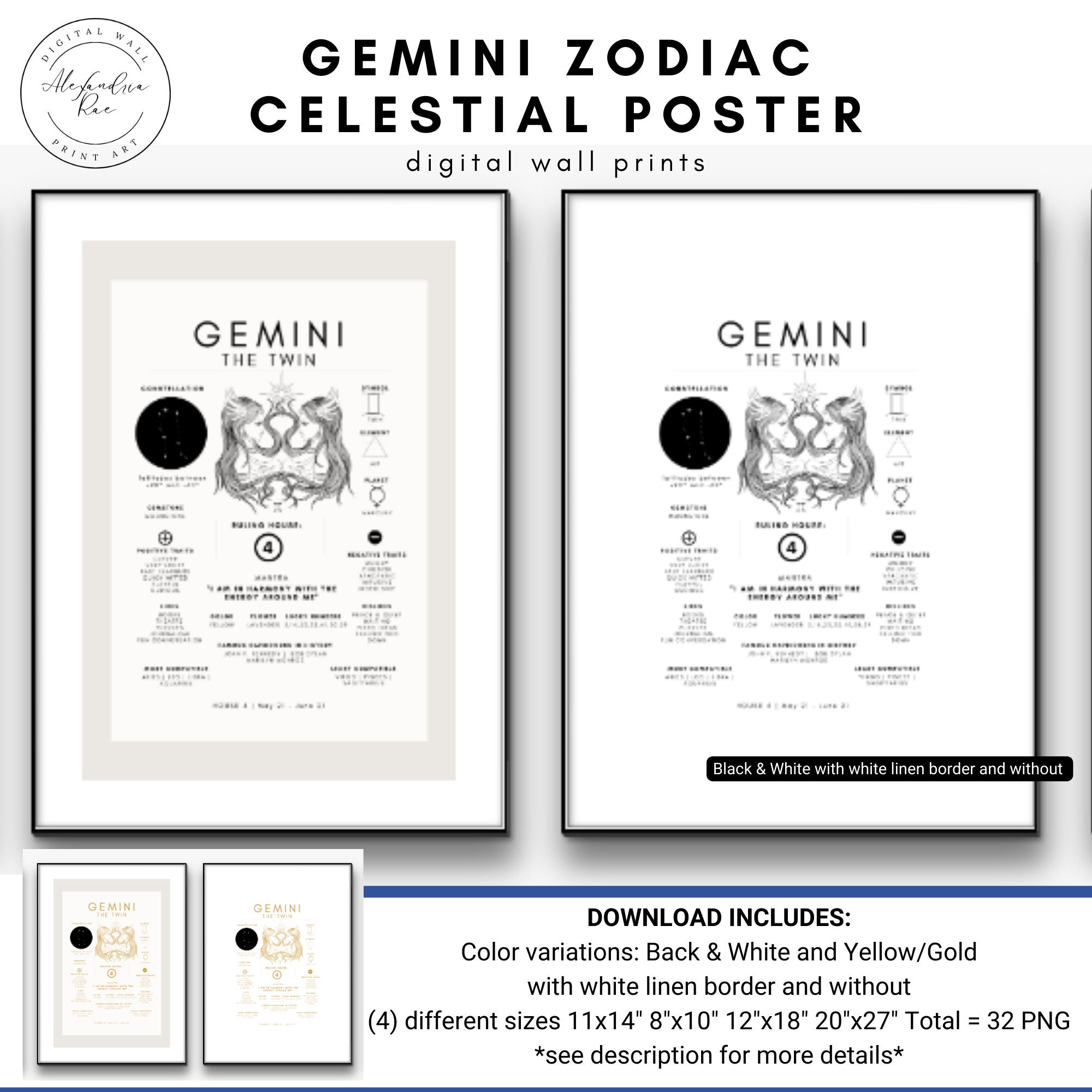 Gemini Astrology Digital Wall Printable Poster Pack - Etsy